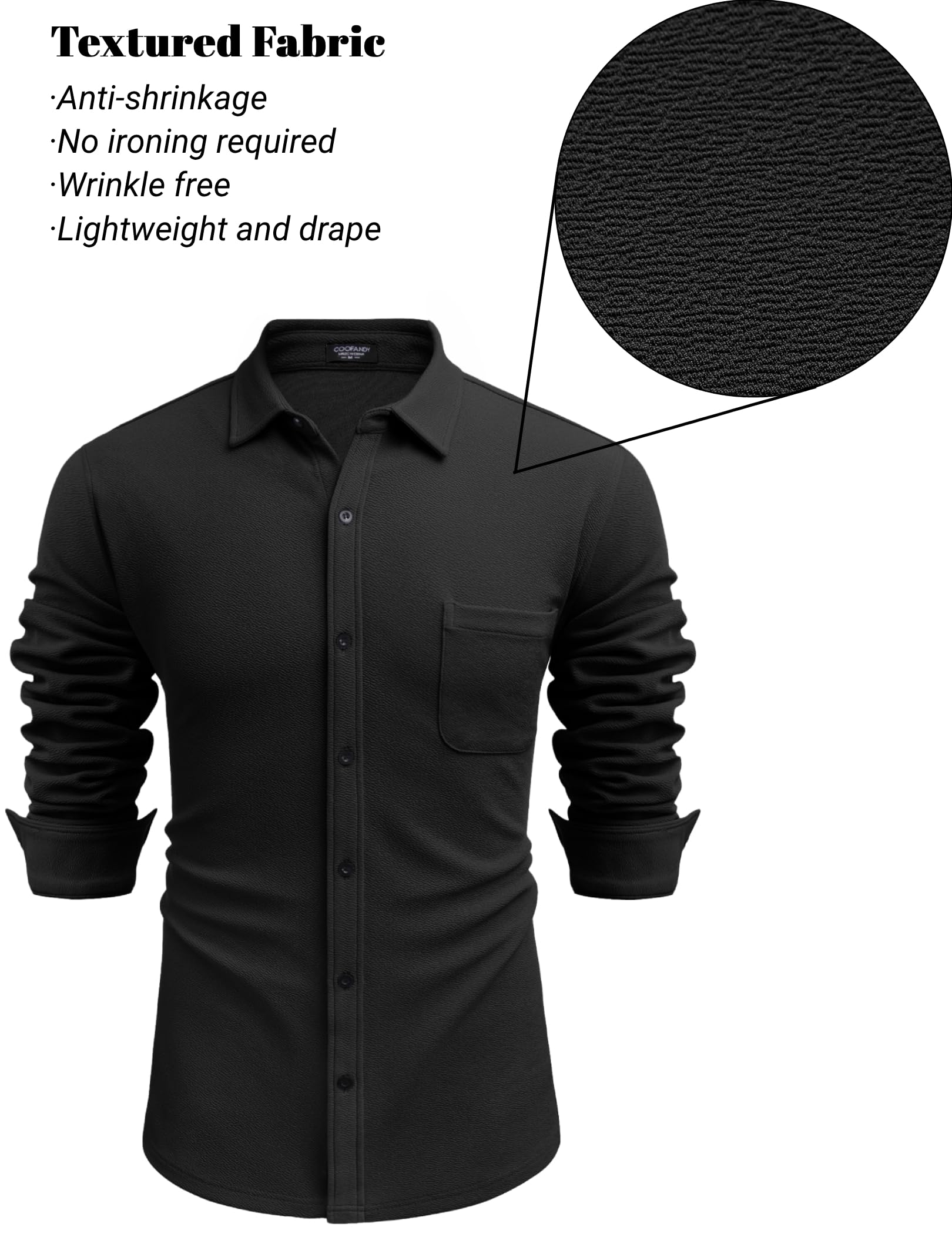 COOFANDY Men's Wrinkle Free Button Down Shirt Long Sleeve Trucker Overshirt Casual Autumn Jacket with Single Pocket Black