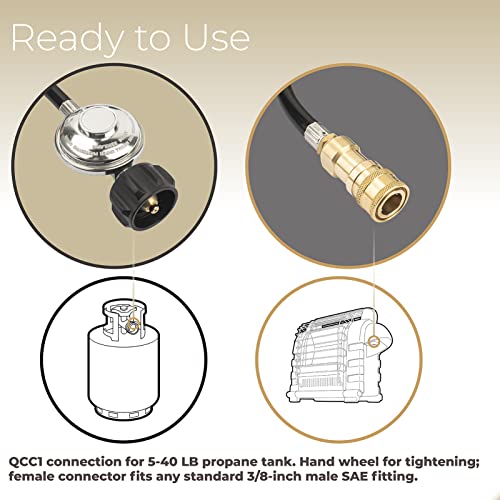 Ximoon F271803 Buddy Heater Adapter Hose Replacement for Mr. Heater F271803 12ft Big Buddy Hose with Regulator, 3/8 inch Female Quick Connect x QCC1 Propane Tank Connection