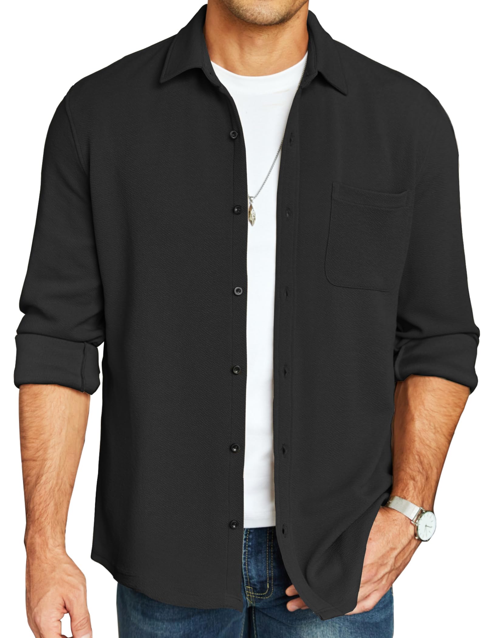 COOFANDY Men's Wrinkle Free Button Down Shirt Long Sleeve Trucker Overshirt Casual Autumn Jacket with Single Pocket Black