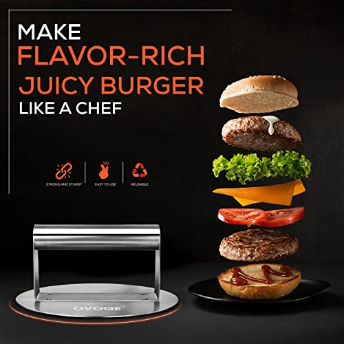 OVOQE Heavy Duty Stainless Steel Smash Burger Press, 6.2 inch Round Stainless Steel Professional Burger Smasher/Hamburger Patty Maker, Griddle Accessories Kit for Flat Top Grill, Rust-Free Easy Clean.