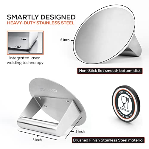 OVOQE Heavy Duty Stainless Steel Smash Burger Press, 6.2 inch Round Stainless Steel Professional Burger Smasher/Hamburger Patty Maker, Griddle Accessories Kit for Flat Top Grill, Rust-Free Easy Clean.