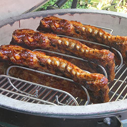 QQPOLE BBQ Rib Racks Stainless Steel BBQ Rib Rack for Smoking, Holds 7 Ribs for Kamdo Joe & Big Green Egg Grilling Roasting Stand,BBQ Rib Holder Accessories