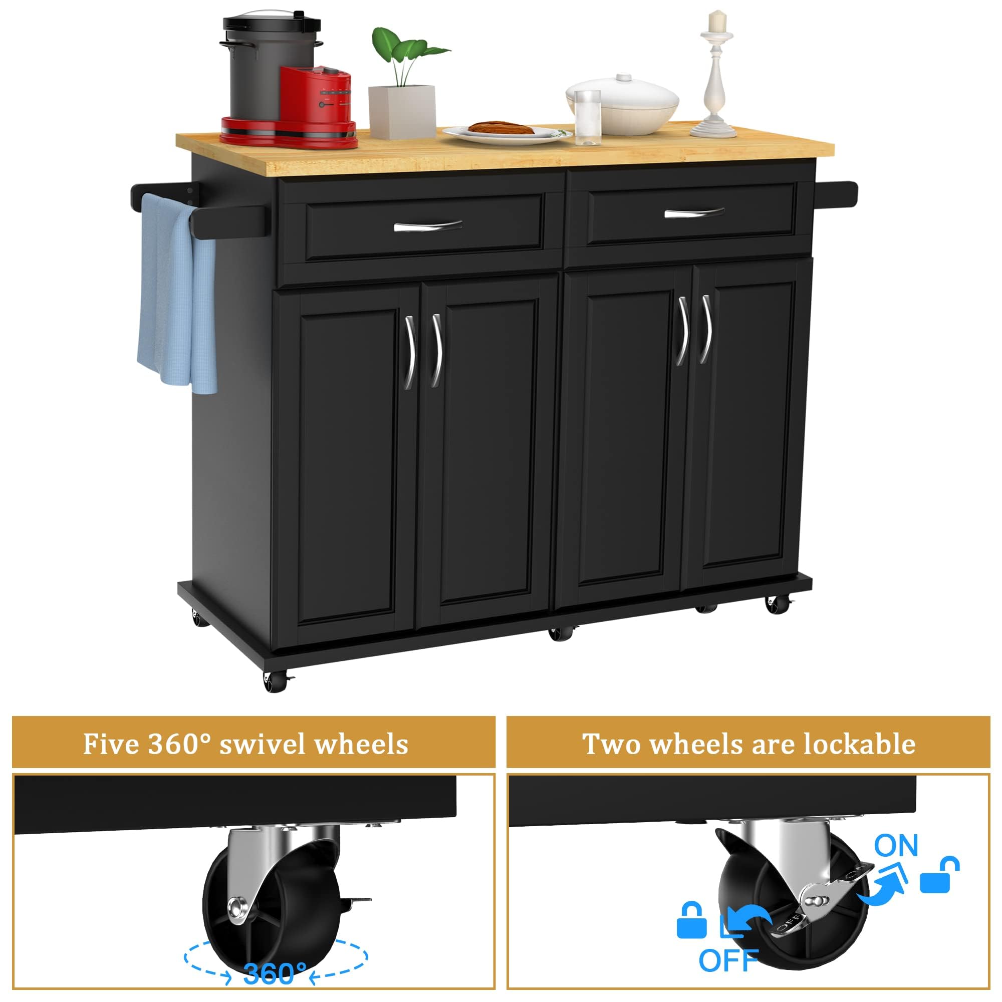 HUEOFGP Kitchen Island Cart with Storage Kitchen Carts on Wheels with Drawer and Cabinet, Wood Countertop, Rolling Island Table for Kitchen (Black)