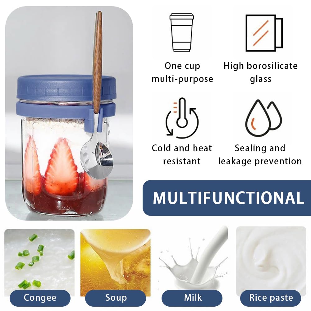 Overnight Oats Jars with Lid and Spoon 380ml Overnight Oats Jars Reusable Yogurt Holder and Cereal Mason Jars with Meter for Salads Milk Cereal Fruit etc (1) (A)