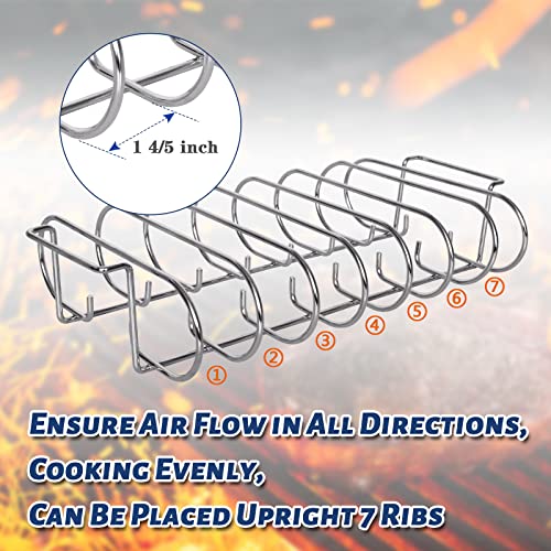 QQPOLE BBQ Rib Racks Stainless Steel BBQ Rib Rack for Smoking, Holds 7 Ribs for Kamdo Joe & Big Green Egg Grilling Roasting Stand,BBQ Rib Holder Accessories