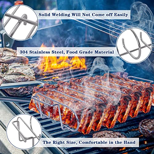 QQPOLE BBQ Rib Racks Stainless Steel BBQ Rib Rack for Smoking, Holds 7 Ribs for Kamdo Joe & Big Green Egg Grilling Roasting Stand,BBQ Rib Holder Accessories
