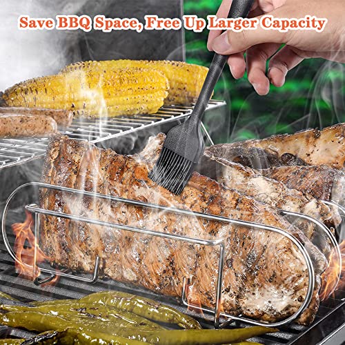 QQPOLE BBQ Rib Racks Stainless Steel BBQ Rib Rack for Smoking, Holds 7 Ribs for Kamdo Joe & Big Green Egg Grilling Roasting Stand,BBQ Rib Holder Accessories