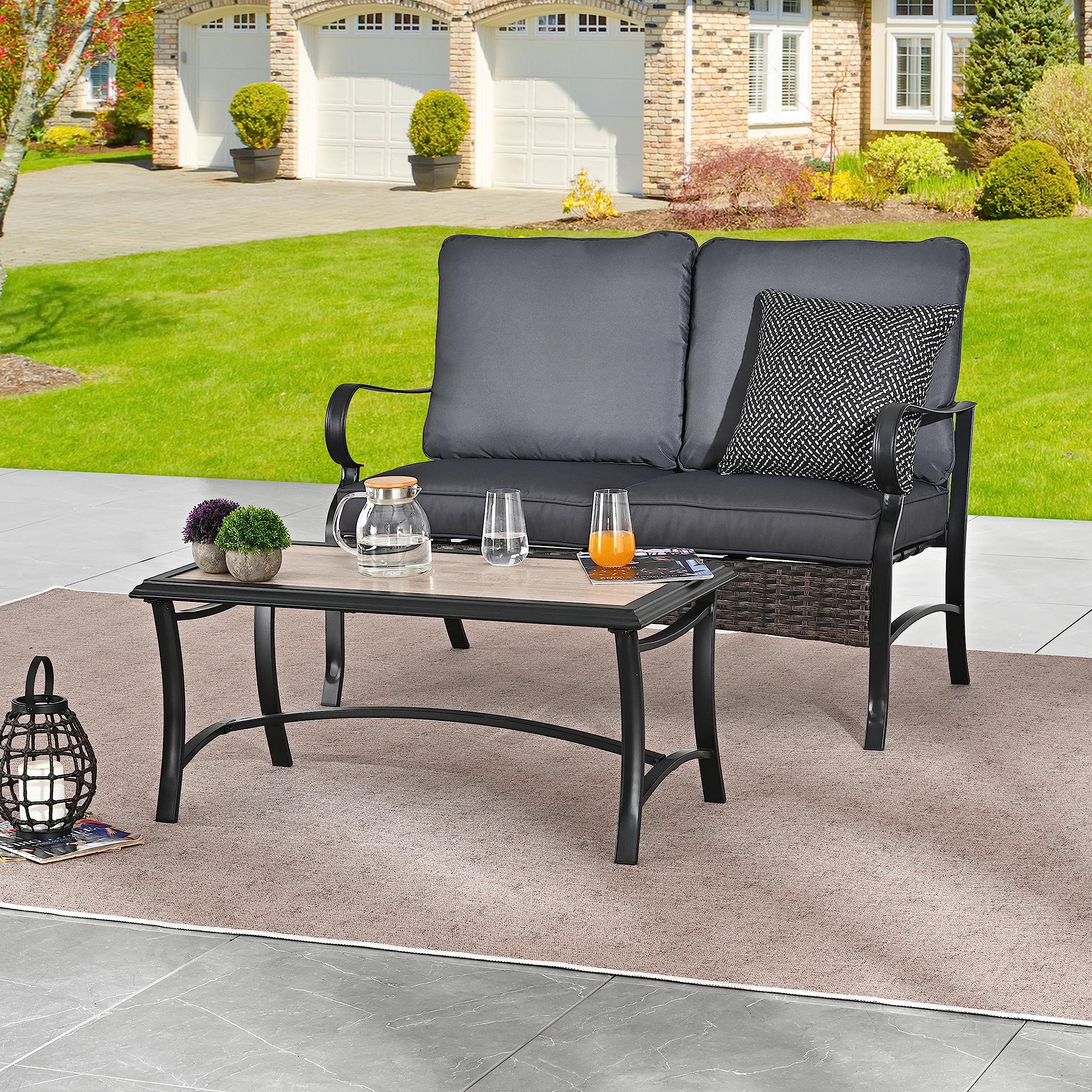 Festival Depot PE Wicker Patio Bistro Set, 2 Pieces Outdoor Furniture, Conversation Sofa Loveseat Armchairs & Coffee Table with Removable Cushion All Weather Casual Craft Cozy Small Chair Set