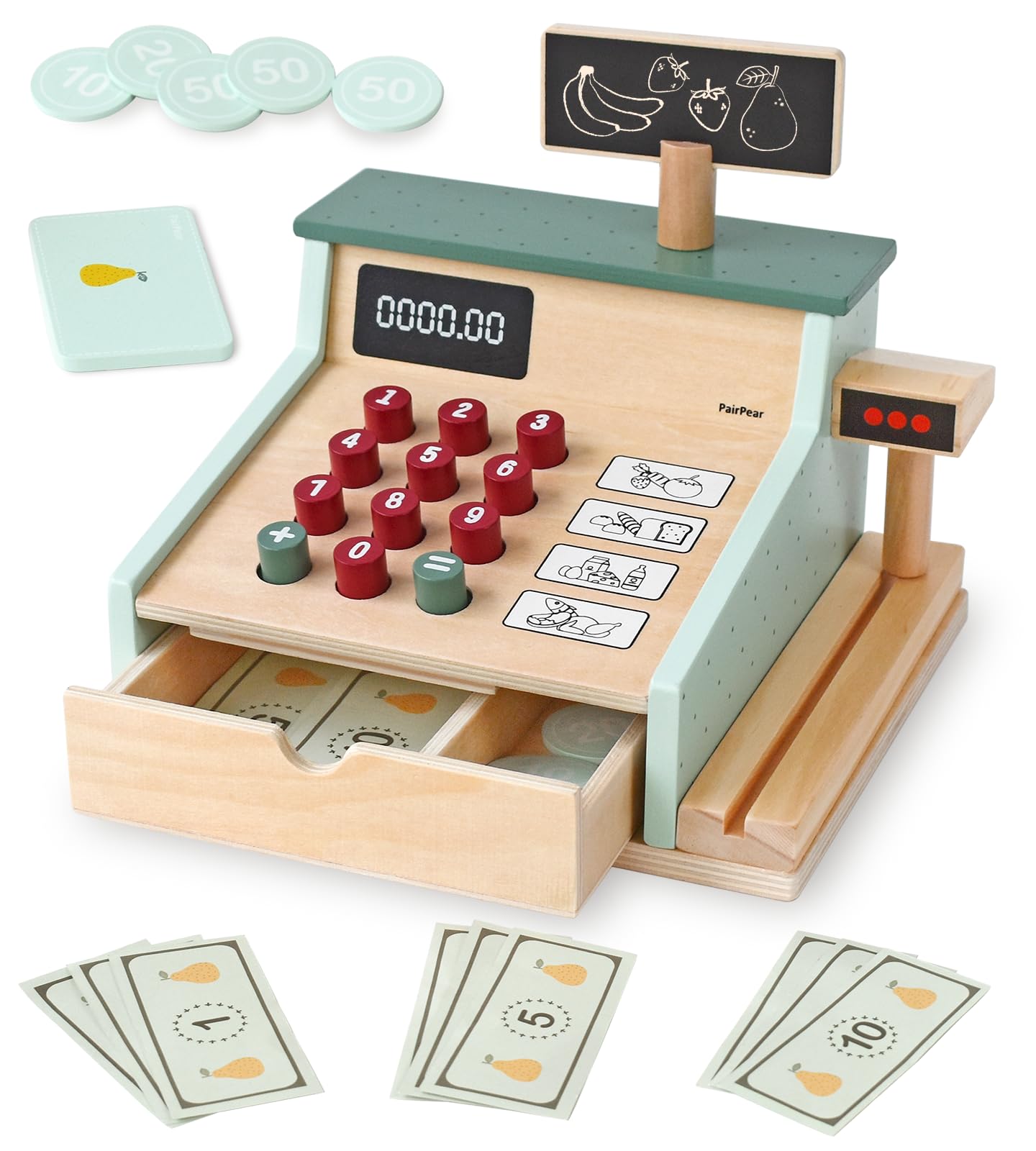 PairPear Wooden Toy Cash Register,Kids Pretend Play Money Counting Toys with Scanner and Credit Card,Toddler Cashier Toy Grocery Play Food Accessory for Pre-School Gift Boys Girls 3+