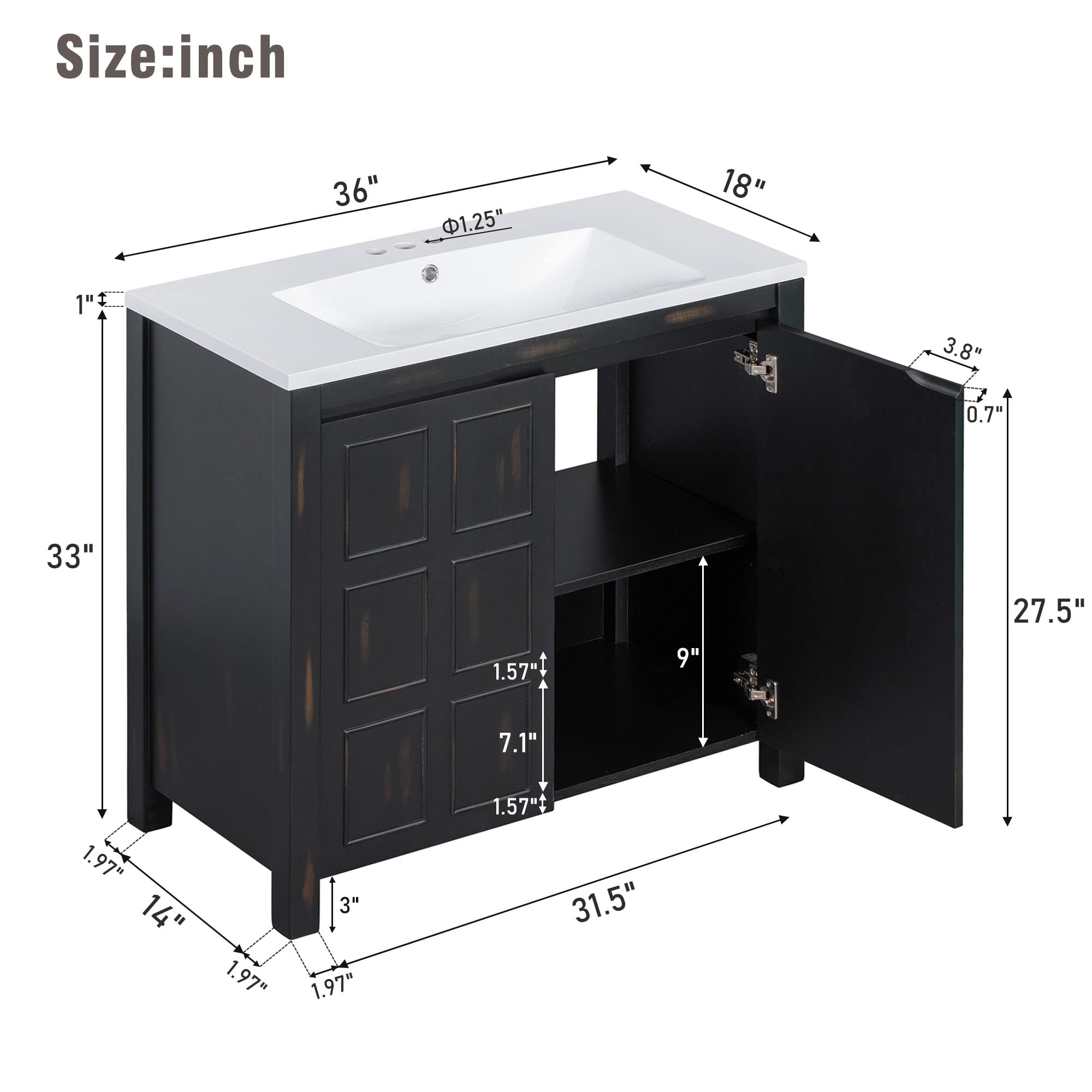 LJJDMI 36" Bathroom Vanity Cabinet Organizer with Sink, Bathroom Storage Cabinet, Combo Cabinet Set, Vintage Distressed Black