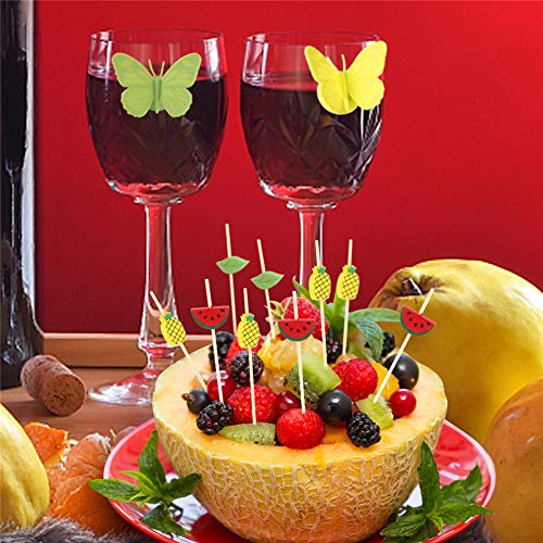 Minisland Mix-colored Fruits Watermelon Pineapple Leaf Cocktail Toothpicks 4.7 Inch Long Bamboo Skewers for Appetizers Drinks Hawaiian Party Food Picks 100 Counts- MSL115