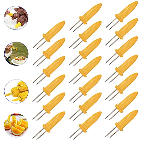 Kadden 20 PCS/Set Corn on The Cob Holders, Stainless Steel Heat Resistant Non Slip Barbecue Corn Prongs Skewers for BBQ, Cooking, Birthday Party (Yellow)
