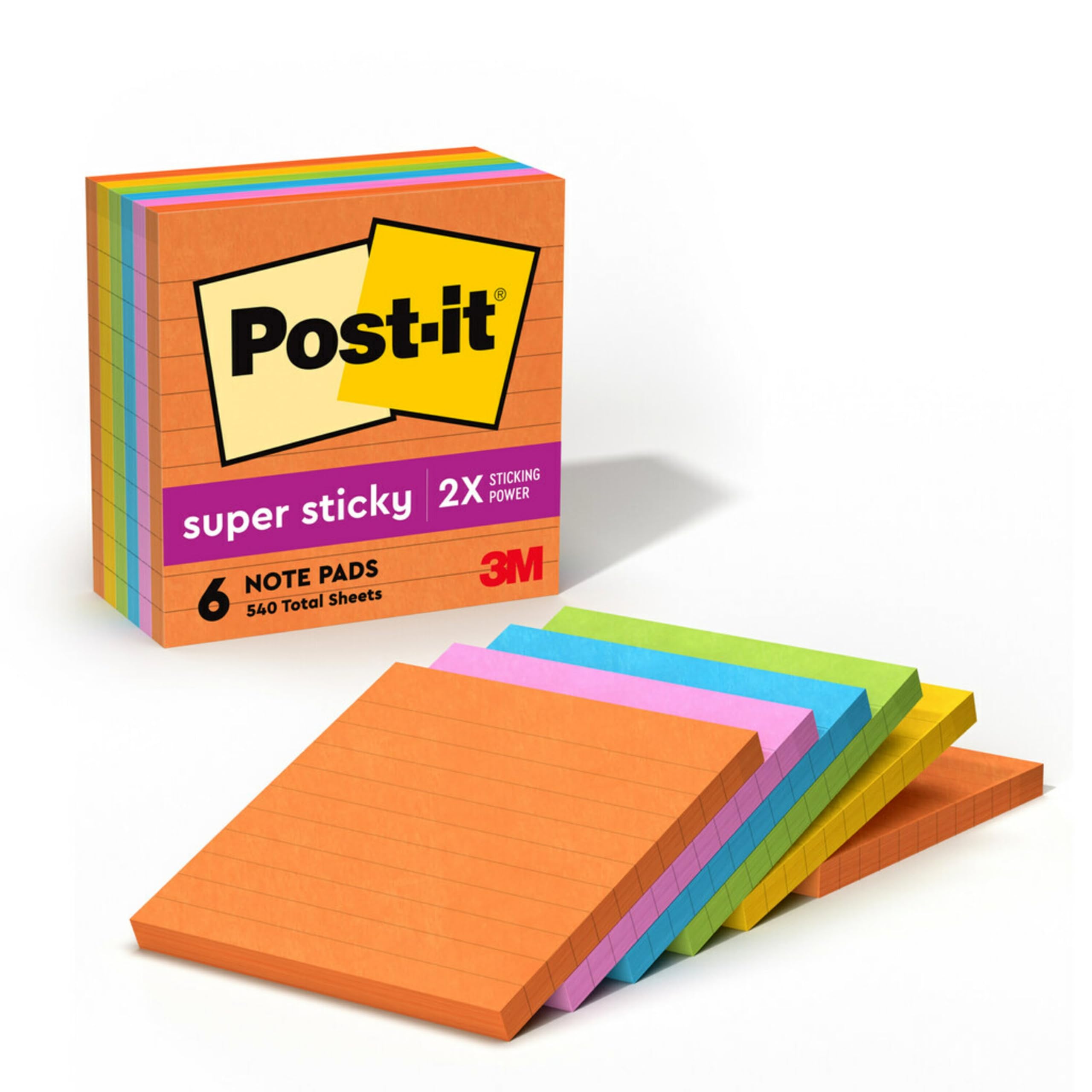 Post-it Super Sticky Notes, 4 in x 4 in, 6 Pads, 2x the Sticking Power, Energy Boost Collection, Bright Colors, Recyclable (675-6SSUC)