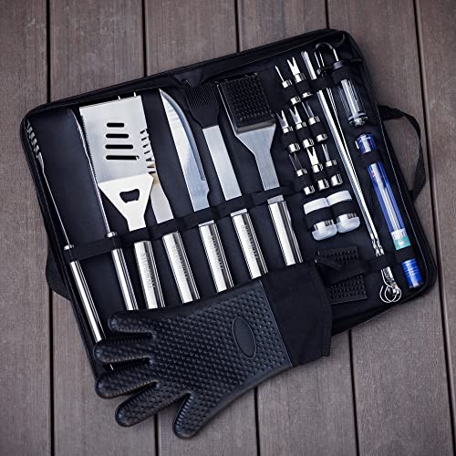 Stonewall Barbecue Grill Tool Set - Stainless Steel - Strong Durable Design - Heat Resistant Glove & Utensils - Thermometer, Meat Injector, Kebabs, & Corn Skewers - Perfect for Smokers & Grills
