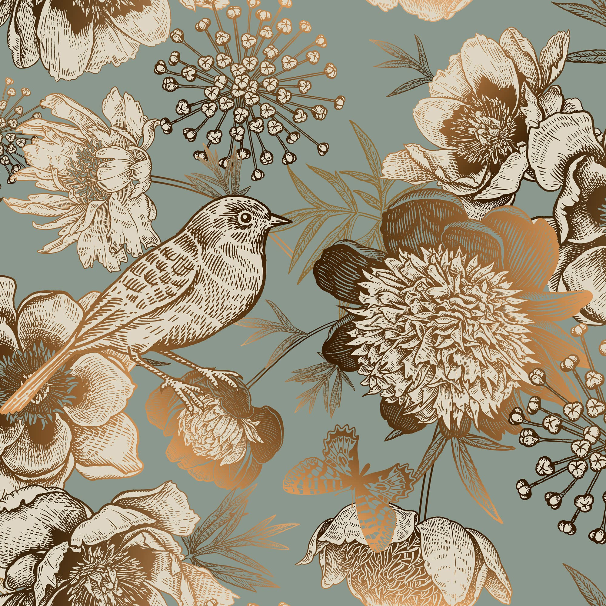 ReWallpaper 17.5in×39ft Gold Peel and Stick Wallpaper Vintage Floral Wallpaper Gold Birds Floral Removable Wallpaper Stickers for Walls Bedroom Living Room Decor Self Adhesive Teal Vinyl Contact Paper