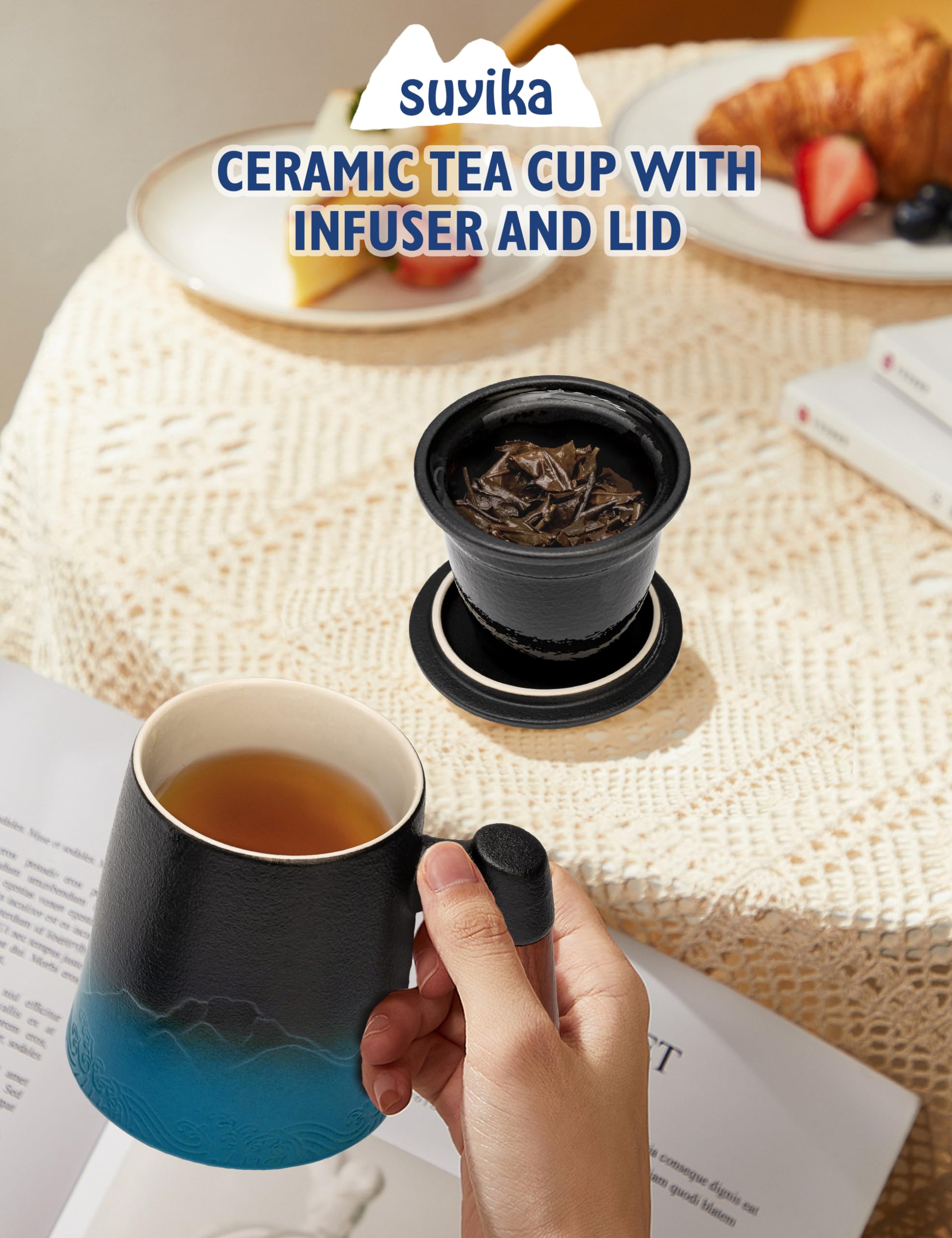 suyika Tea Cup with Infuser and Lid, 15.2 Ounce Wood Handle Ceramic Loose Leaf Tea Mug,Embossed Tea Steeping Mug for Gifts, Gradient Black&Blue 450ml