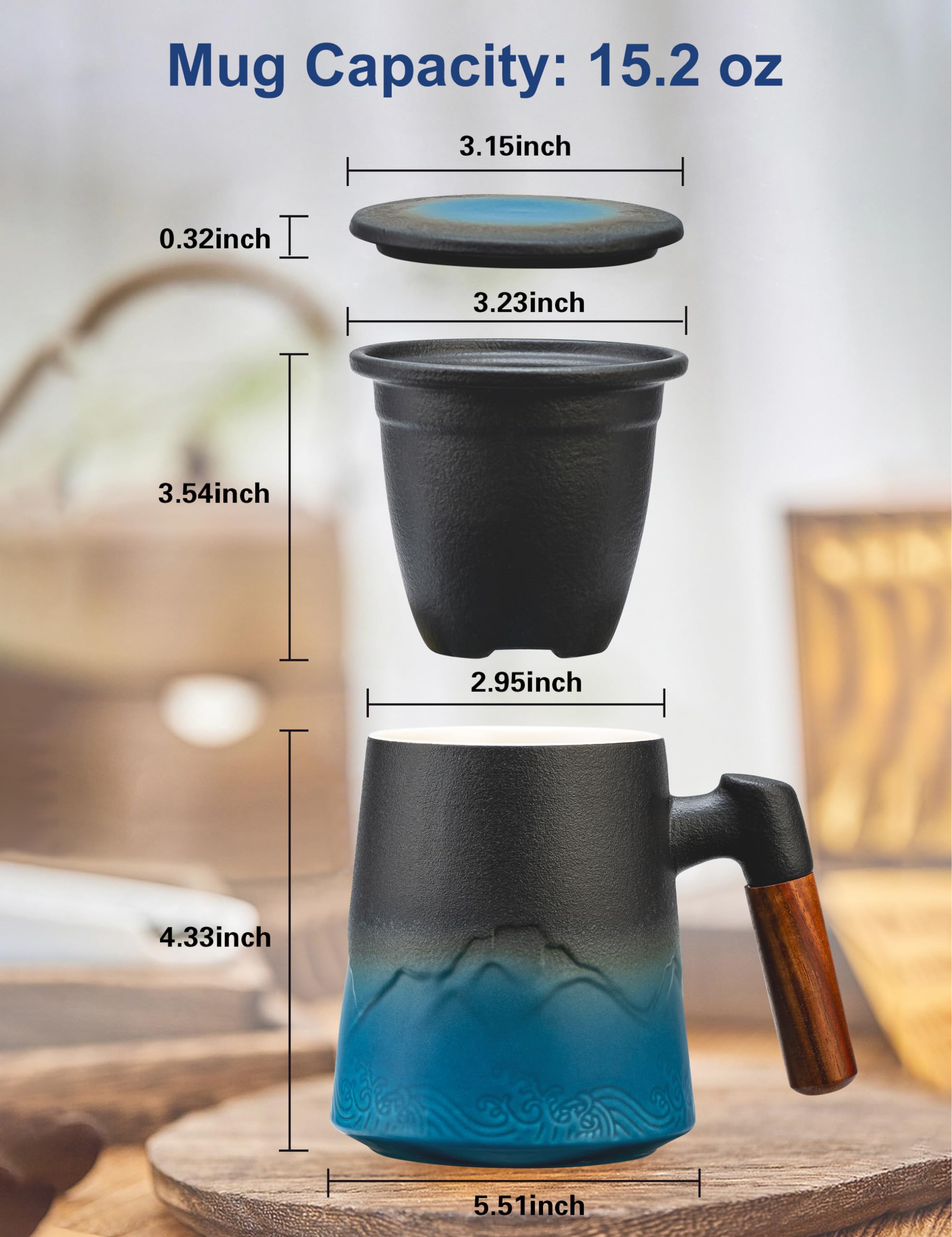suyika Tea Cup with Infuser and Lid, 15.2 Ounce Wood Handle Ceramic Loose Leaf Tea Mug,Embossed Tea Steeping Mug for Gifts, Gradient Black&Blue 450ml