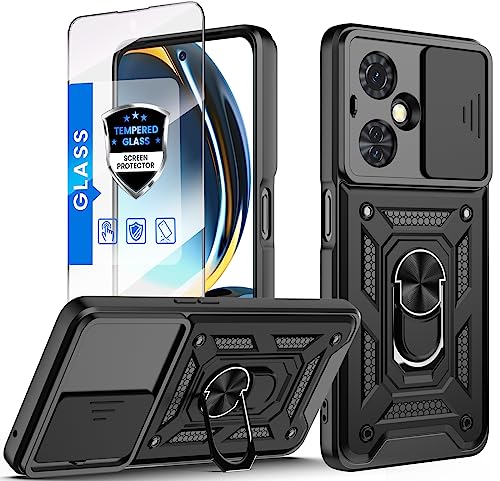 Dretal for OnePlus Nord N30 5G Case, with Stand Kickstand Ring and Camera Cover with Tempered Glass Screen Protector, Military Grade Shockproof Protective Cover for OnePlus N30 5G (Black)