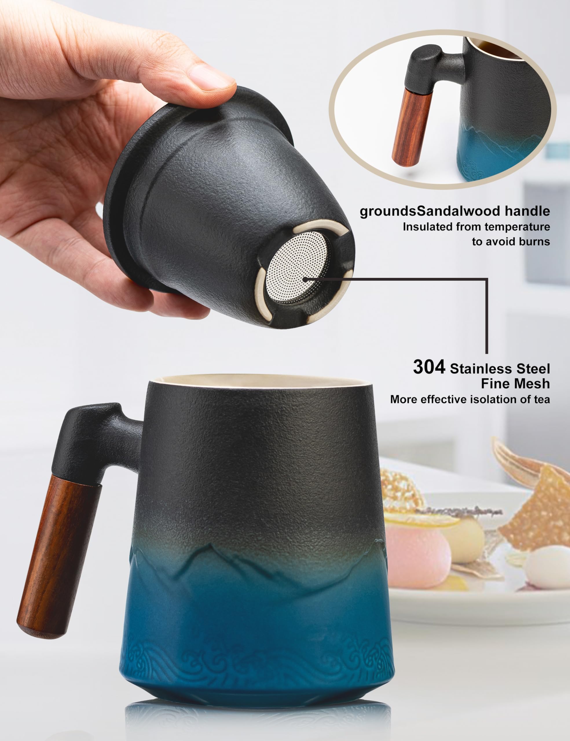 suyika Tea Cup with Infuser and Lid, 15.2 Ounce Wood Handle Ceramic Loose Leaf Tea Mug,Embossed Tea Steeping Mug for Gifts, Gradient Black&Blue 450ml