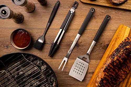GRILLHOGS Heavy Duty BBQ Grilling Tool Set, Premium Soft Grip Tongs, Spatula with Bottle Opener and Serrated Edge, Barbecue Meat Fork, Stainless Steel Basting Brush, Premium BBQ Utensils Set (4 Piece)