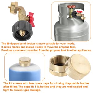 BouPower QCC1/Type1 Propane Refill Elbow Adapter with ON-Off Control Valve & 2pcs Refill 1 LB Propane Bottle Caps for Camping Grill 1lb Propane Gas Bottle Tank from 5-40LBS Cylinder