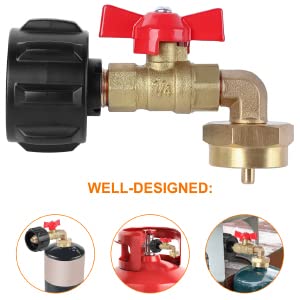 BouPower QCC1/Type1 Propane Refill Elbow Adapter with ON-Off Control Valve & 2pcs Refill 1 LB Propane Bottle Caps for Camping Grill 1lb Propane Gas Bottle Tank from 5-40LBS Cylinder
