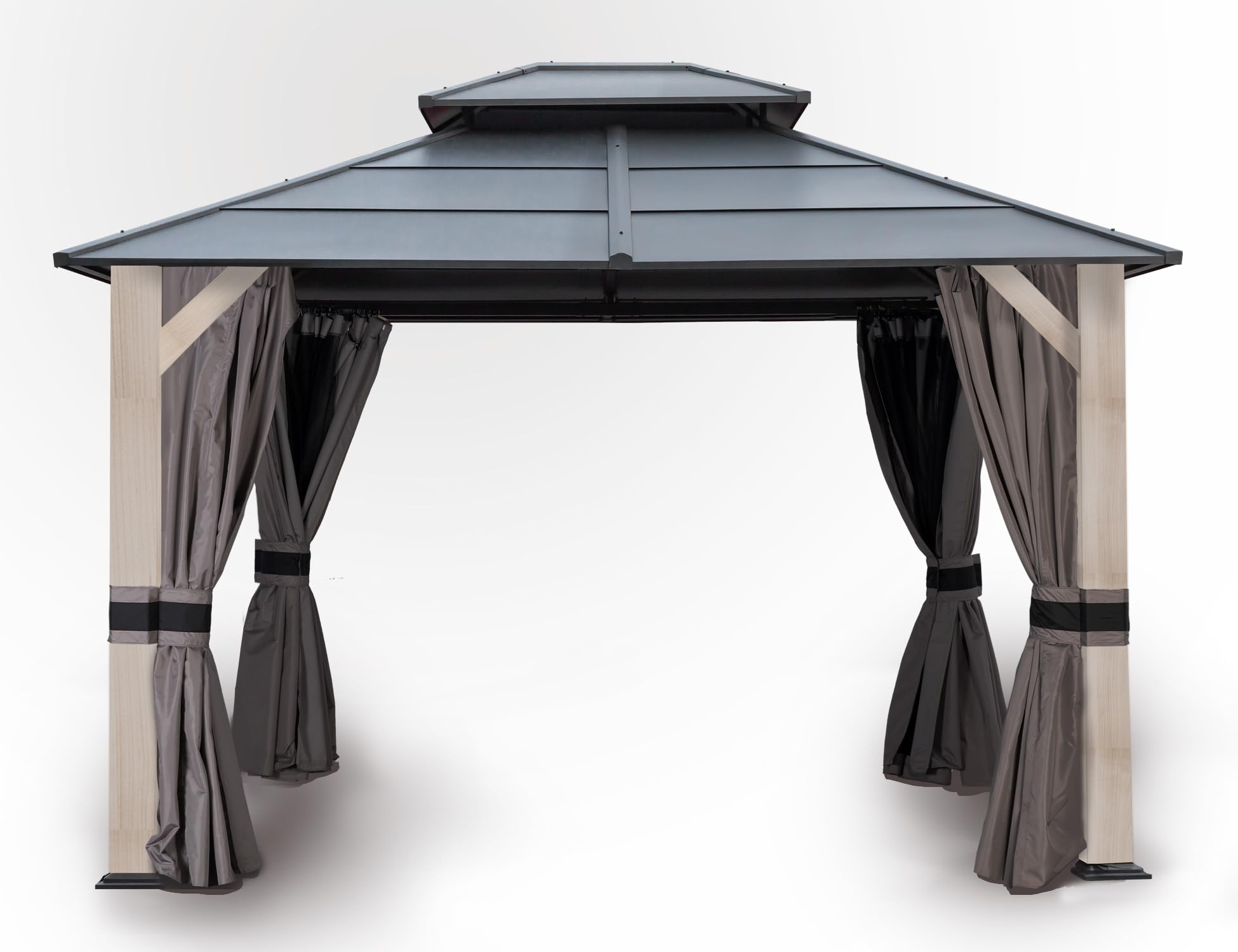 Hofzelt 10' x 12' Hardtop Gazebo, Heavy-Duty Aluminum Frame with Iron Roof, Featuring White Wood Grain Heat Transfer Pillars, Inclusive of Mosquito Netting and Privacy Sidewalls