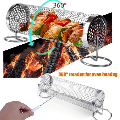 Grill Basket 2 PCS, 360 degree Rolling Grilling Basket, BBQ Grill Baske, Stainless Steel Grill Mesh Barbeque Grill Accessories, Vegetables, Fries (2 Pcs 30x9x9cm)