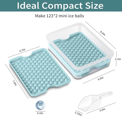 ARTLEO Mini Ice Cube Tray, Round Ice Ball Maker Mold for Freezer with Bin & Scoop, Upgraded Small 123x2 PCS Tiny Ice Cube Tray Easily Release for Chilling Drinks, Coffee, Cocktail, Juice, BPA Free