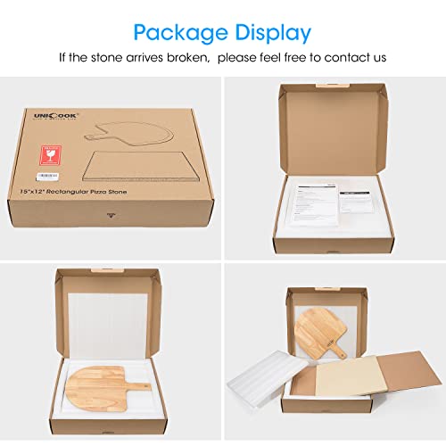 Unicook Pizza Stone 15 x 12 Inch, Included Wooden Pizza Peel, Rectangular Baking Stone for Oven and Grill BBQ, Thermal Shock Resistant Cordierite Cooking Stone for Pizza, Bread, Pies