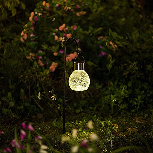 Hapjoy 4 Pack Outdoor Solar Lights Set with Shepherd Hooks, Hanging Solar Lanterns Color Changing Solar Powered Waterproof Landscape Lanterns with Crackle Glass Ball Design Pathway Decoration