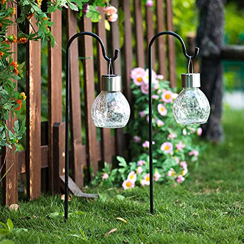 Hapjoy 4 Pack Outdoor Solar Lights Set with Shepherd Hooks, Hanging Solar Lanterns Color Changing Solar Powered Waterproof Landscape Lanterns with Crackle Glass Ball Design Pathway Decoration
