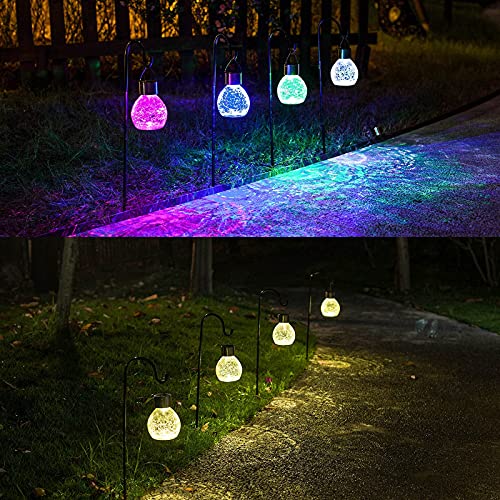 Hapjoy 4 Pack Outdoor Solar Lights Set with Shepherd Hooks, Hanging Solar Lanterns Color Changing Solar Powered Waterproof Landscape Lanterns with Crackle Glass Ball Design Pathway Decoration