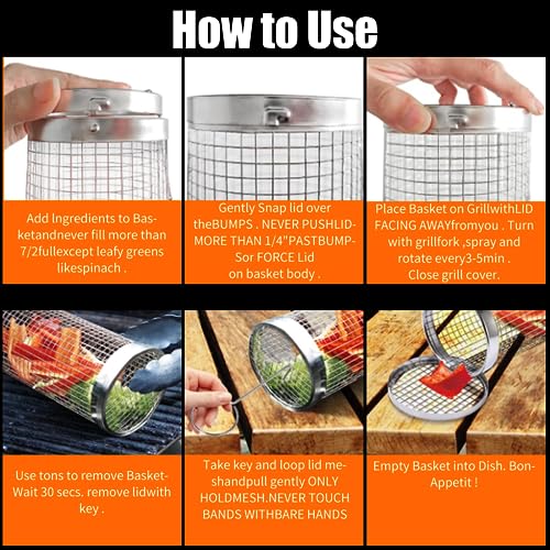 Grill Basket 2 PCS, 360 degree Rolling Grilling Basket, BBQ Grill Baske, Stainless Steel Grill Mesh Barbeque Grill Accessories, Vegetables, Fries (2 Pcs 30x9x9cm)
