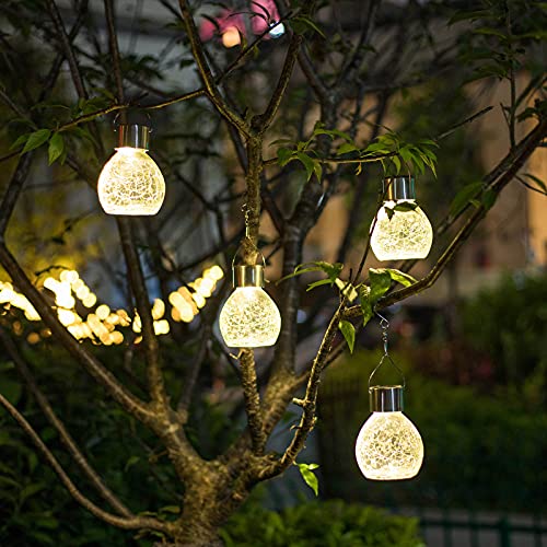 Hapjoy 4 Pack Outdoor Solar Lights Set with Shepherd Hooks, Hanging Solar Lanterns Color Changing Solar Powered Waterproof Landscape Lanterns with Crackle Glass Ball Design Pathway Decoration