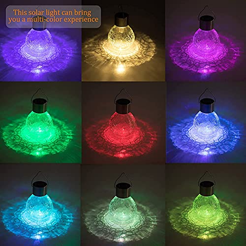 Hapjoy 4 Pack Outdoor Solar Lights Set with Shepherd Hooks, Hanging Solar Lanterns Color Changing Solar Powered Waterproof Landscape Lanterns with Crackle Glass Ball Design Pathway Decoration