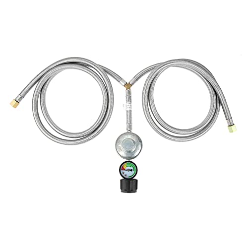 5 Feet Y-Splitter Stainless Braided Hose to 3/8" Female Flare Fitting, Low Pressure Propane Regulator Adapter with Tank Gauge Level Indicator, for LPG Gas Grill, Heaters, Fire Pit Table