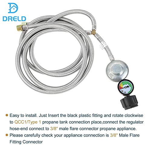 5 Feet Y-Splitter Stainless Braided Hose to 3/8" Female Flare Fitting, Low Pressure Propane Regulator Adapter with Tank Gauge Level Indicator, for LPG Gas Grill, Heaters, Fire Pit Table