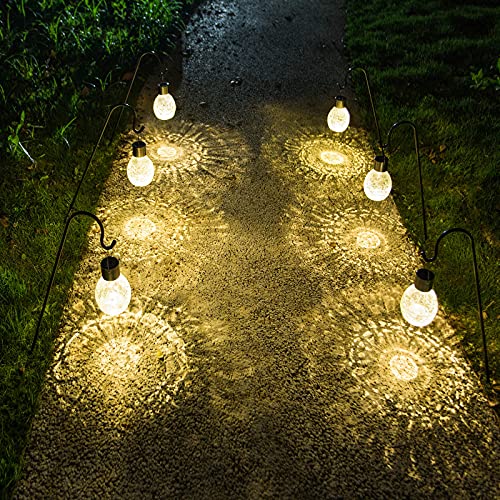 Hapjoy 4 Pack Outdoor Solar Lights Set with Shepherd Hooks, Hanging Solar Lanterns Color Changing Solar Powered Waterproof Landscape Lanterns with Crackle Glass Ball Design Pathway Decoration