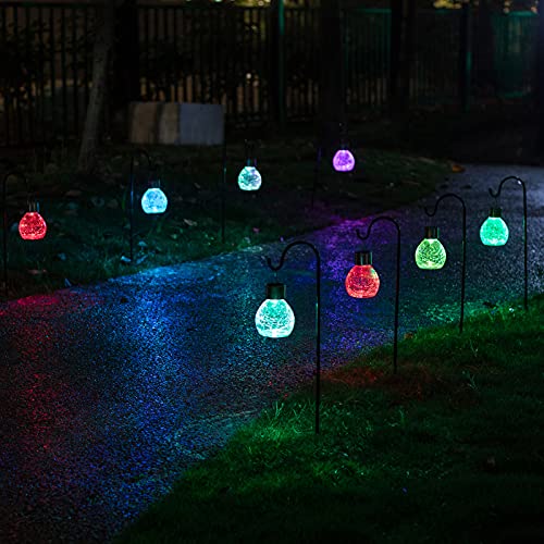 Hapjoy 4 Pack Outdoor Solar Lights Set with Shepherd Hooks, Hanging Solar Lanterns Color Changing Solar Powered Waterproof Landscape Lanterns with Crackle Glass Ball Design Pathway Decoration