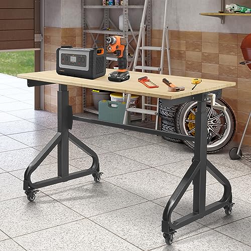 BMJX 43.3” Work Benches for Garage Height Adjustable Work Table with Crank Handle & Casters, Heights from 30” to 41.3”, Wooden Top Workbench for Workshop, Office, Home
