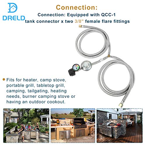 5 Feet Y-Splitter Stainless Braided Hose to 3/8" Female Flare Fitting, Low Pressure Propane Regulator Adapter with Tank Gauge Level Indicator, for LPG Gas Grill, Heaters, Fire Pit Table