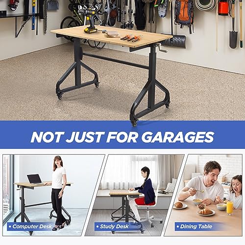 BMJX 43.3” Work Benches for Garage Height Adjustable Work Table with Crank Handle & Casters, Heights from 30” to 41.3”, Wooden Top Workbench for Workshop, Office, Home
