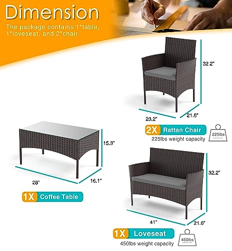 PHI VILLA 4 Pieces Outdoor Furniture Set, Wicker Loveseat & Chairs with Thick Gray Cushions & Glass Coffee Table, Modern Sectional Conversation Sofa Set for Patio, Deck, Yard, Porch