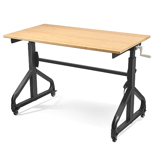 BMJX 43.3β Work Benches for Garage Height Adjustable Work Table with Crank Handle & Casters, Heights from 30β to 41.3β, Wooden Top Workbench for Workshop, Office, Home