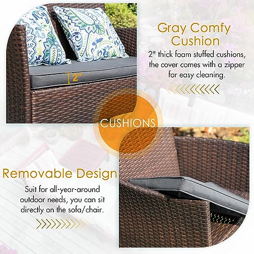 PHI VILLA 4 Pieces Outdoor Furniture Set, Wicker Loveseat & Chairs with Thick Gray Cushions & Glass Coffee Table, Modern Sectional Conversation Sofa Set for Patio, Deck, Yard, Porch