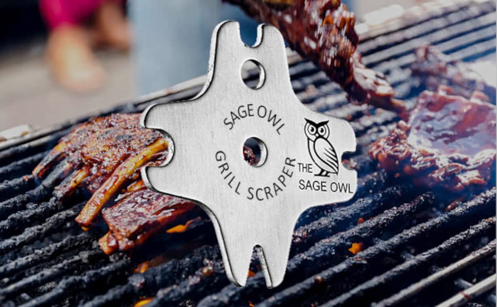 Sage Owl Stainless Steel Grill Scraper Tool - BBQ Gifts for Women Who Has Everything - Dishwasher Safe Bristle Free Grill Cleaning Brush Alternative - Mens Stocking Stuffers for Christmas