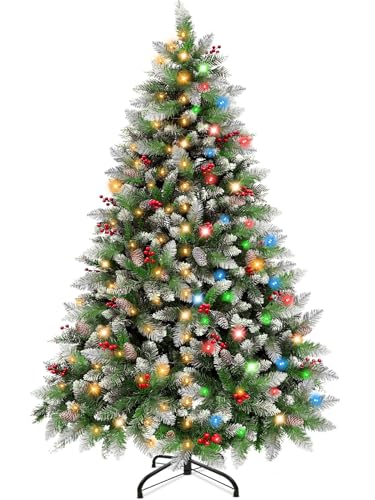 TURNMEON 6.5 Ft Prelit Artificial Christmas Tree 400 Color-Changing Lights Warm White & Colorful 8 Modes Snow Flocked Thick Full Pine Tree Pinecone Berries Christmas Decoration Indoor Outdoor Holiday