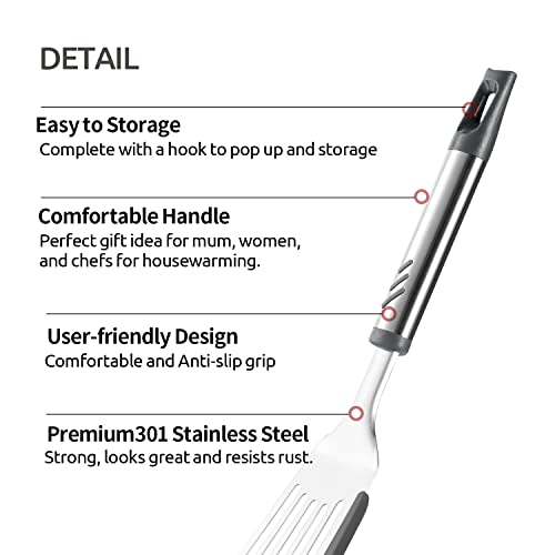 Lebabo Metal Spatula, 12.6" Stainless steel Slotted Fish Spatula with Heat Resistant Handle, Spatula turner with Silicone Top Soft Edge for Non-Stick Pan, Cooking, Flipping, Frying, Dishwasher Safe