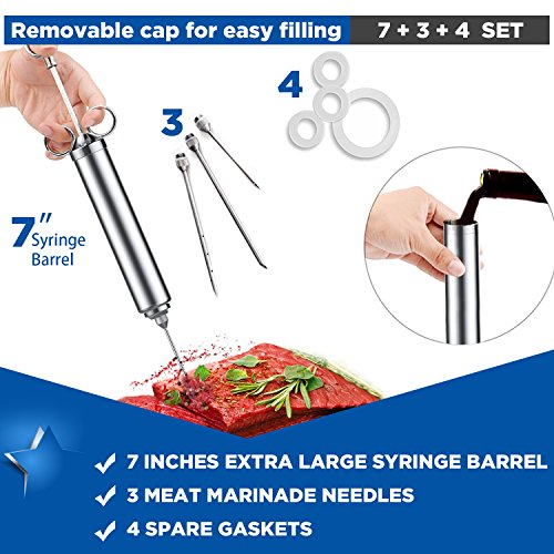 4 oz Stainless Steel Commercial Grade Meat Marinade Flavor Injector Kit 1/2 Cup Capacity Seasoning Injector with 3 Professional Marinade Needles